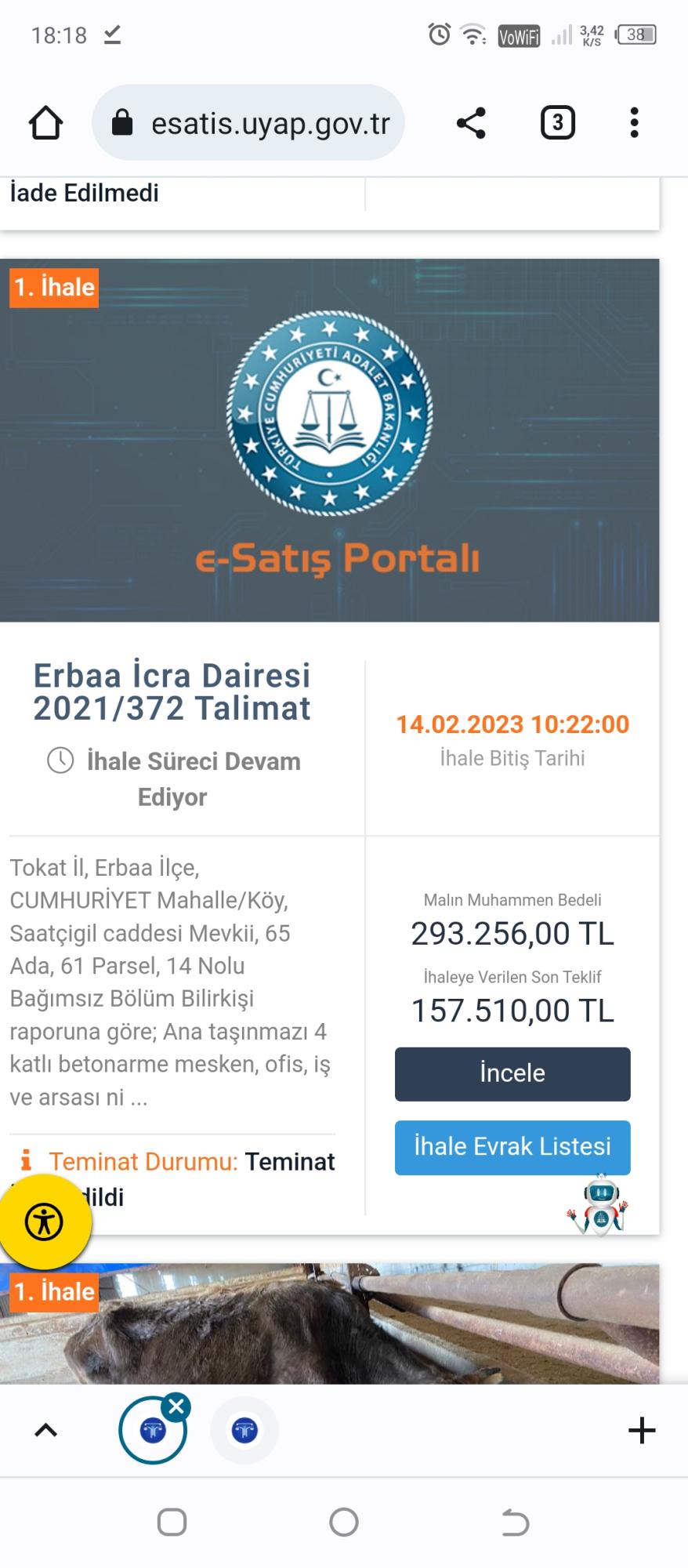 UYAP Erbaa İcra Dairesi 2021/372 Talimat Dosyası İhale İlanda Kaldırıldı - Şikayetvar