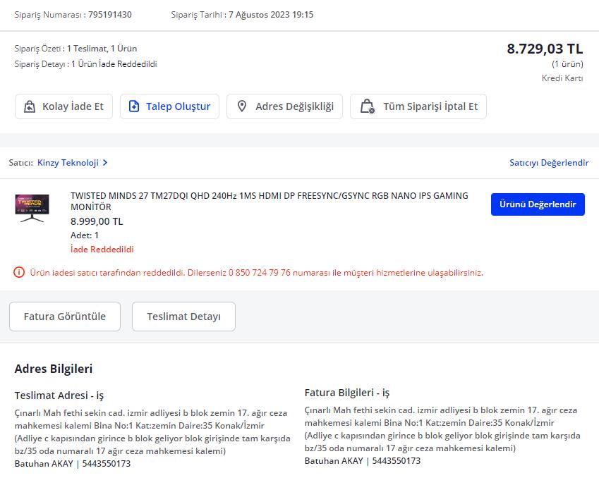Kinzy Teknoloji Hatalı Monitör İadesi Reddedildi. - Şikayetvar