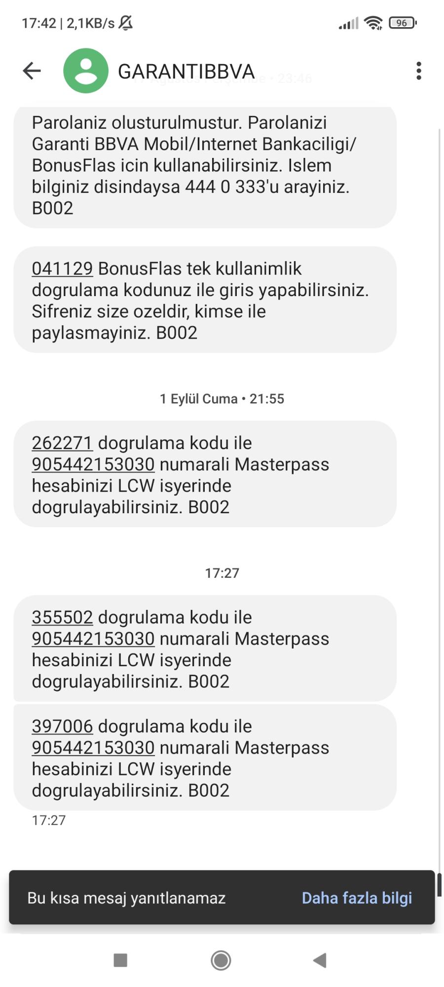 Garanti BBVA Garanti Bankası Ve Masterpas Kaynaklı Sürekli Gelen Rahatsız Mesajlar - Şikayetvar