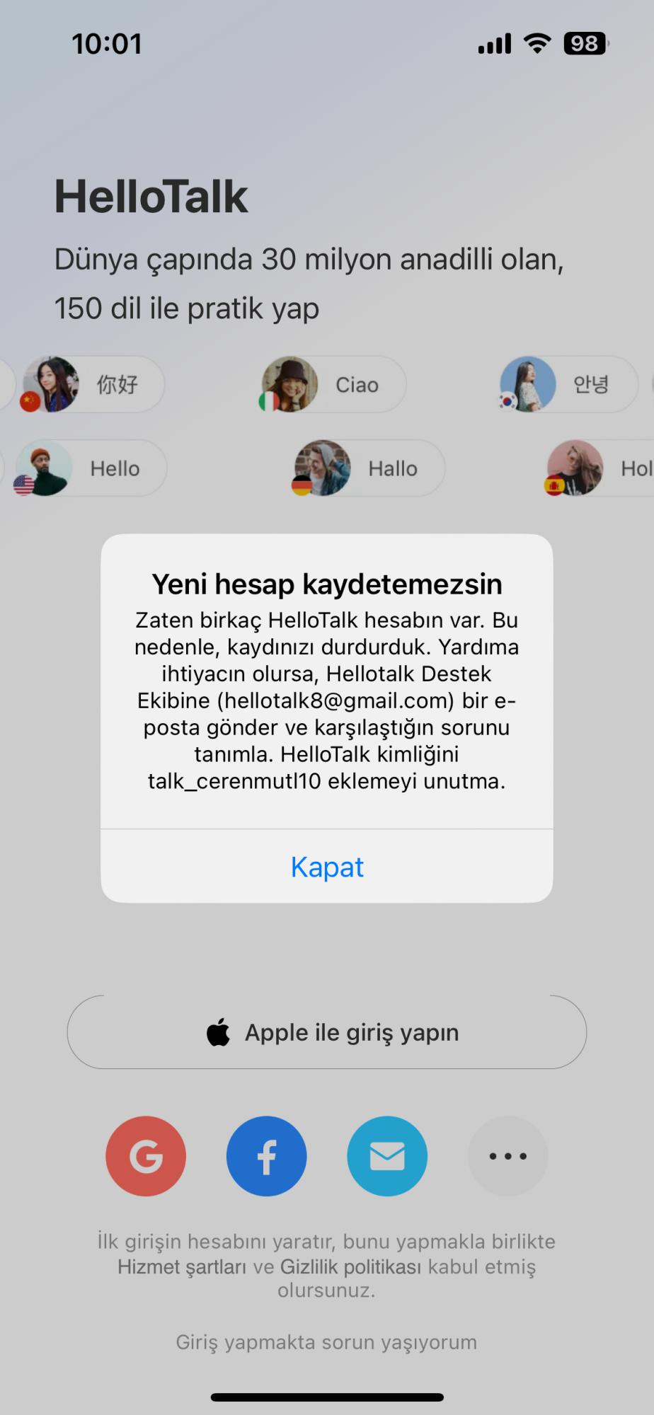 HelloTalk Hesabıma Giriş Yapamıyorum - Şikayetvar