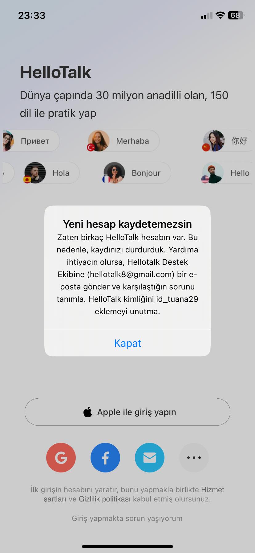 HelloTalk Hello Talk Giriş Problem - Şikayetvar