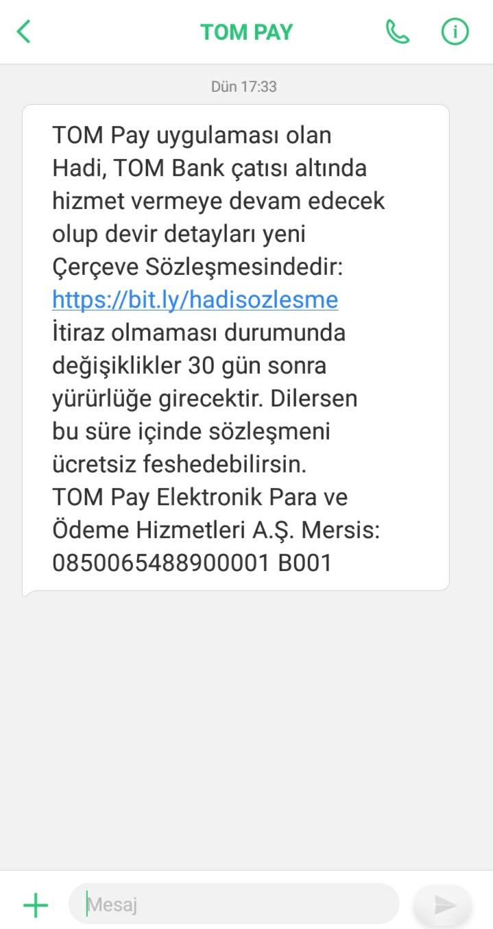 Hadi - TOMBANK TOMbank Tom Pay İptal Etmek İstiyorum - Şikayetvar
