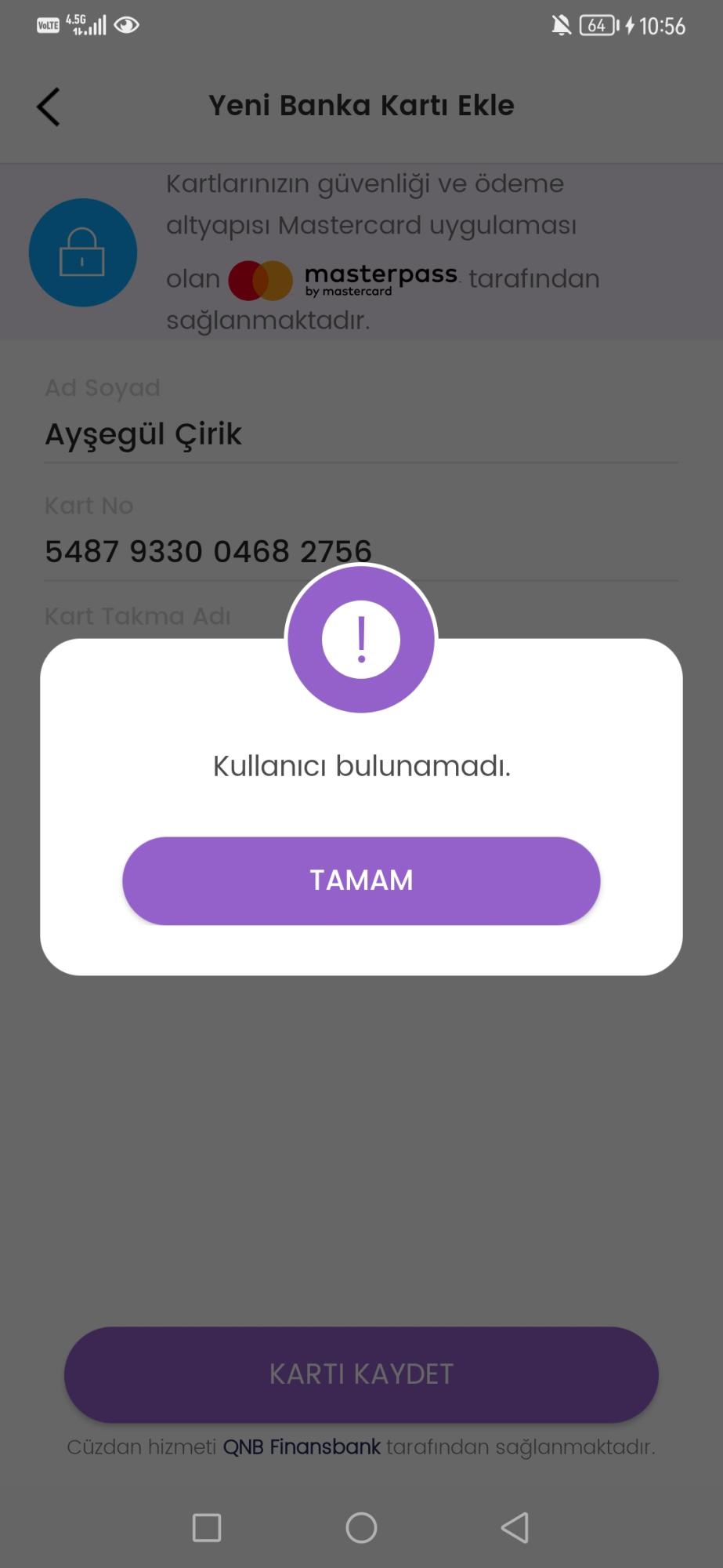 Kassa Banka Kartı Eklemede Kullanıcı Bulunamadı Hatası - Şikayetvar
