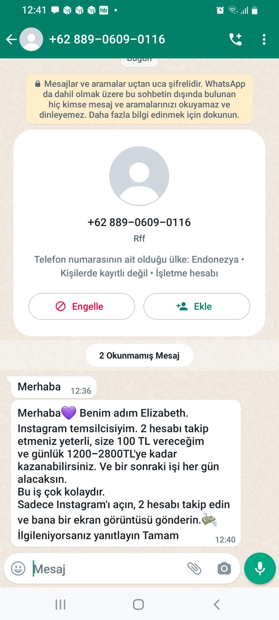 WhatsApp Bilinmeyen Numara Mesajı - Şikayetvar
