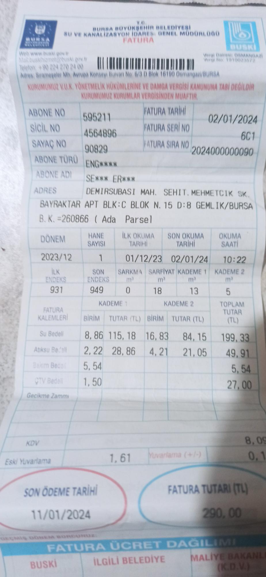 Bursa Büyükşehir Belediyesi Gemlik BUSKİ Su İdaresi Rast Gele Fatura ...