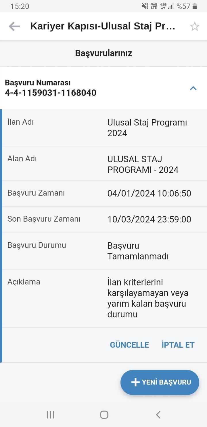 Kariyer Kapısı Ulusal Staj Tamamlanmayan Başvuru - Şikayetvar