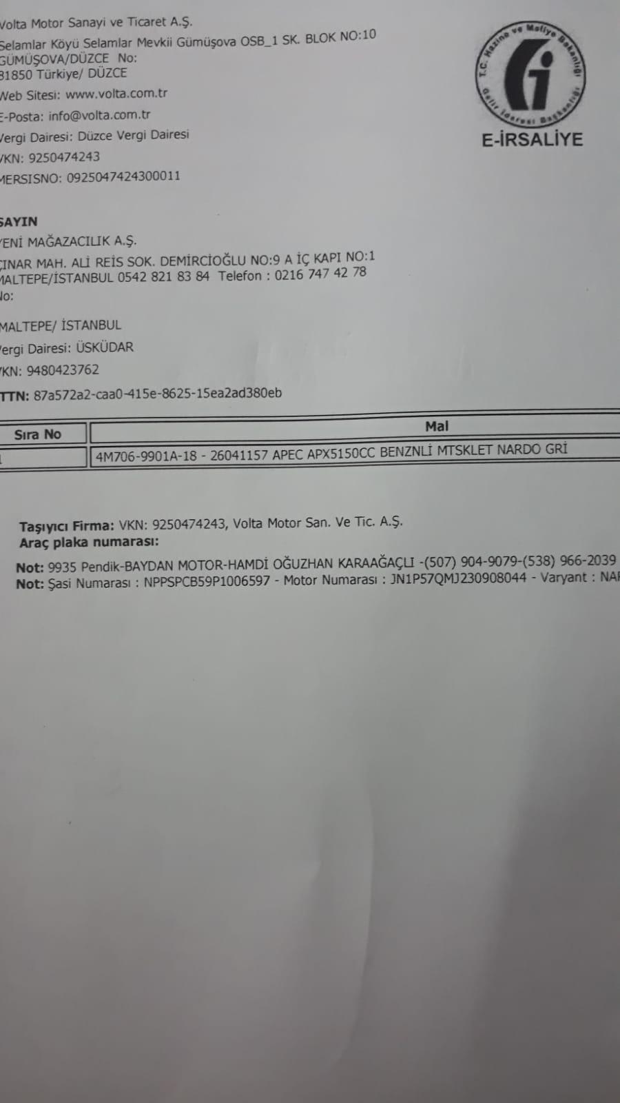 A101 Den Almış Olduğum Motorun ÖTV Ödendi Belgesi Ve Faturamı Vermiyor ...