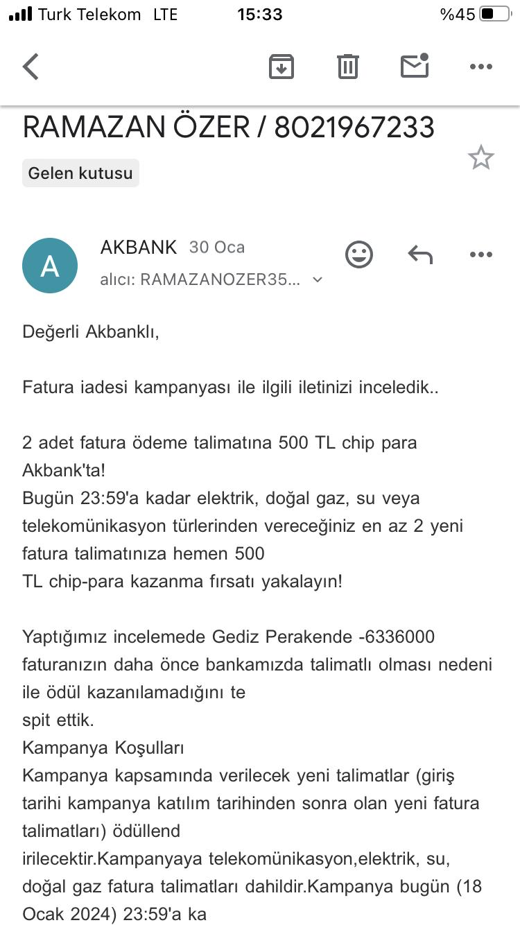 Akbank 2 Adet Fatura 500 TL Chip Para Kampanyası - Şikayetvar