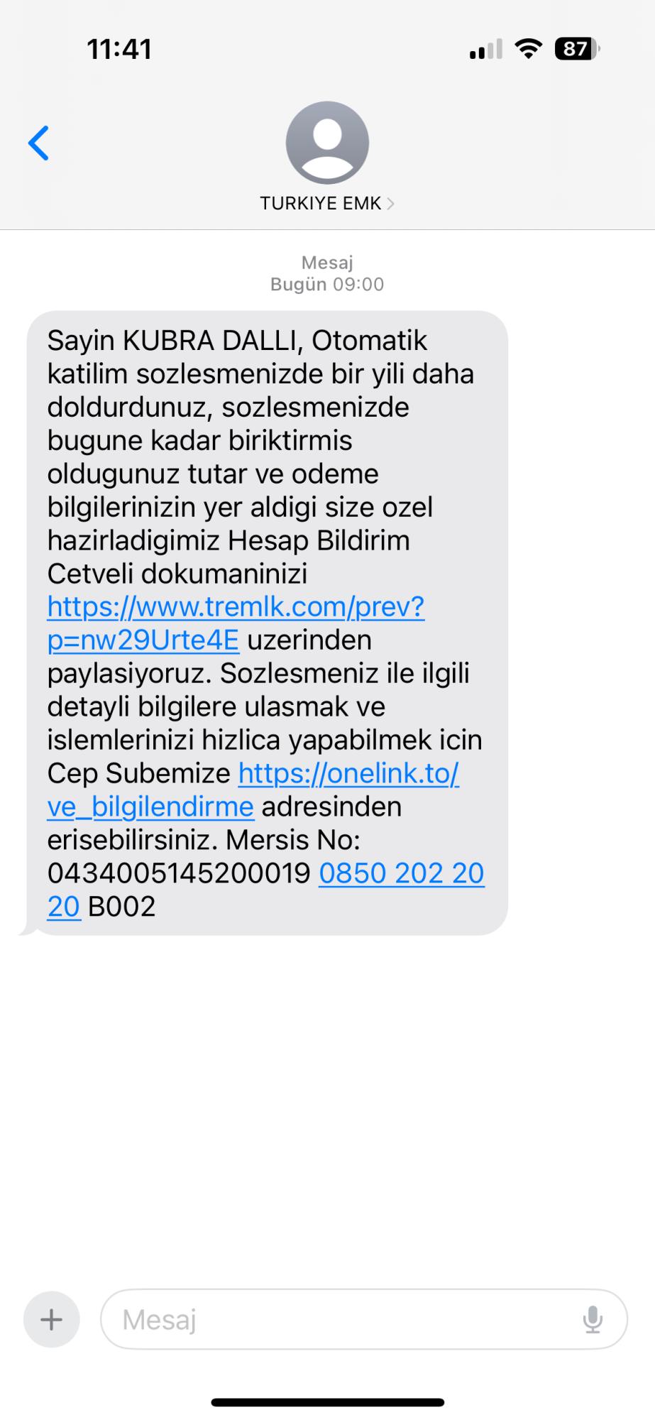 Çözüldü: Türkiye Hayat Emeklilik Türkiye EMK Dan Gelen Mesaj - Şikayetvar