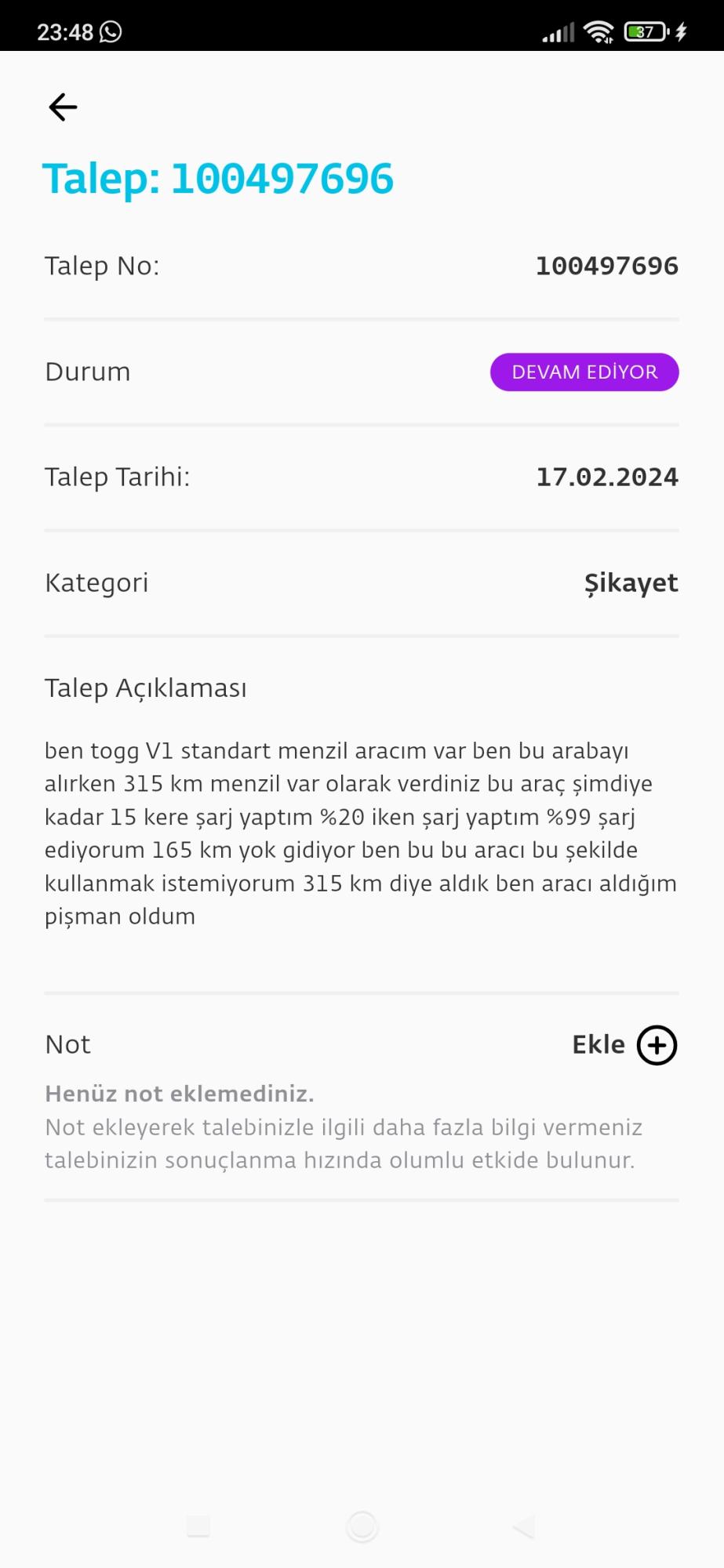 Togg V1 Standart Menzil - Şikayetvar