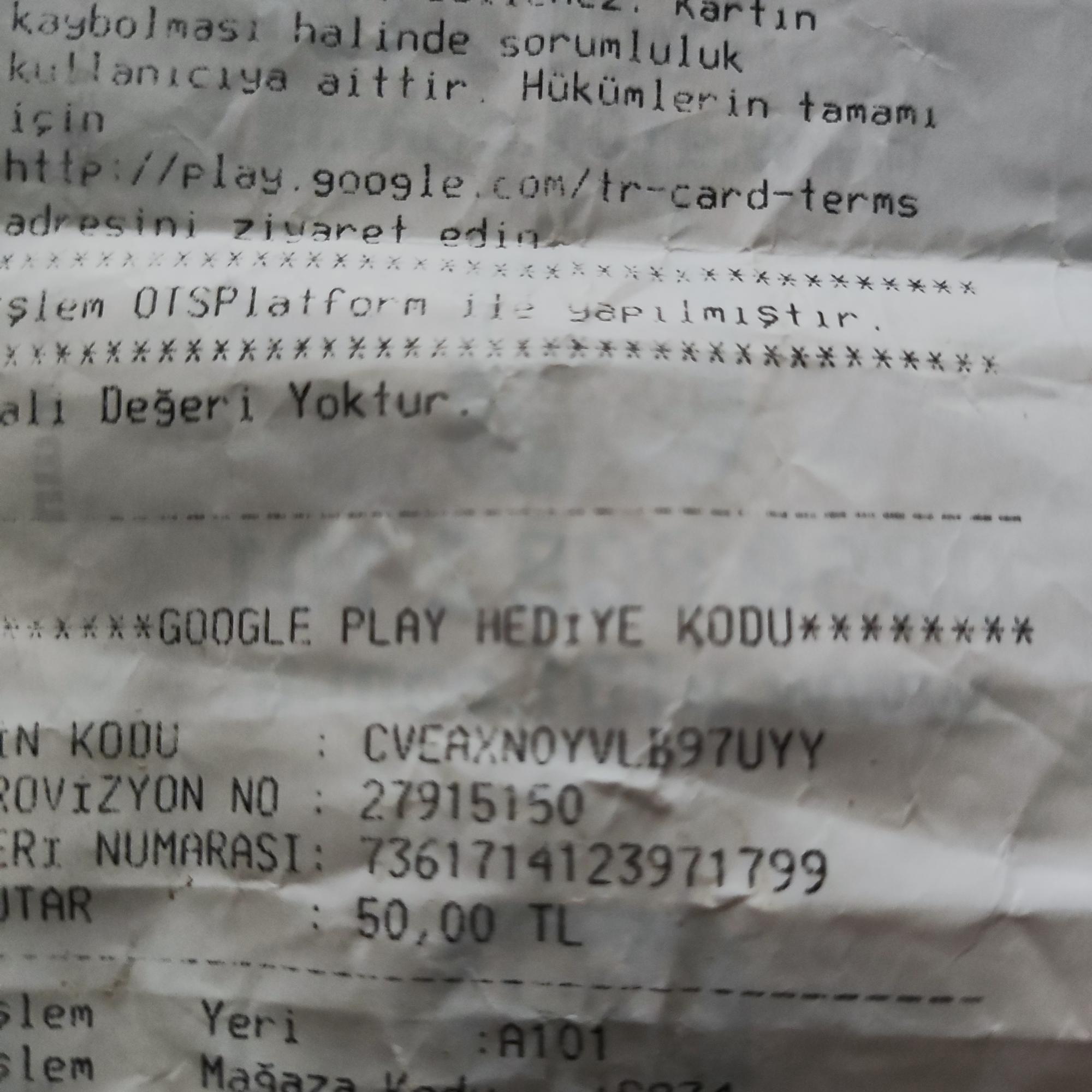 Google Play Kodu Şikayeti İlgisiz Ürünün Arkasında Durmayan A101 - Şikayetvar