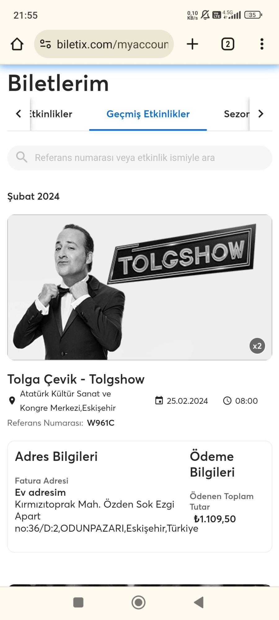 Eskişehir Tolgshow Biletix Uygulaması Koltuk Numarasını Göstermiyor - Şikayetvar