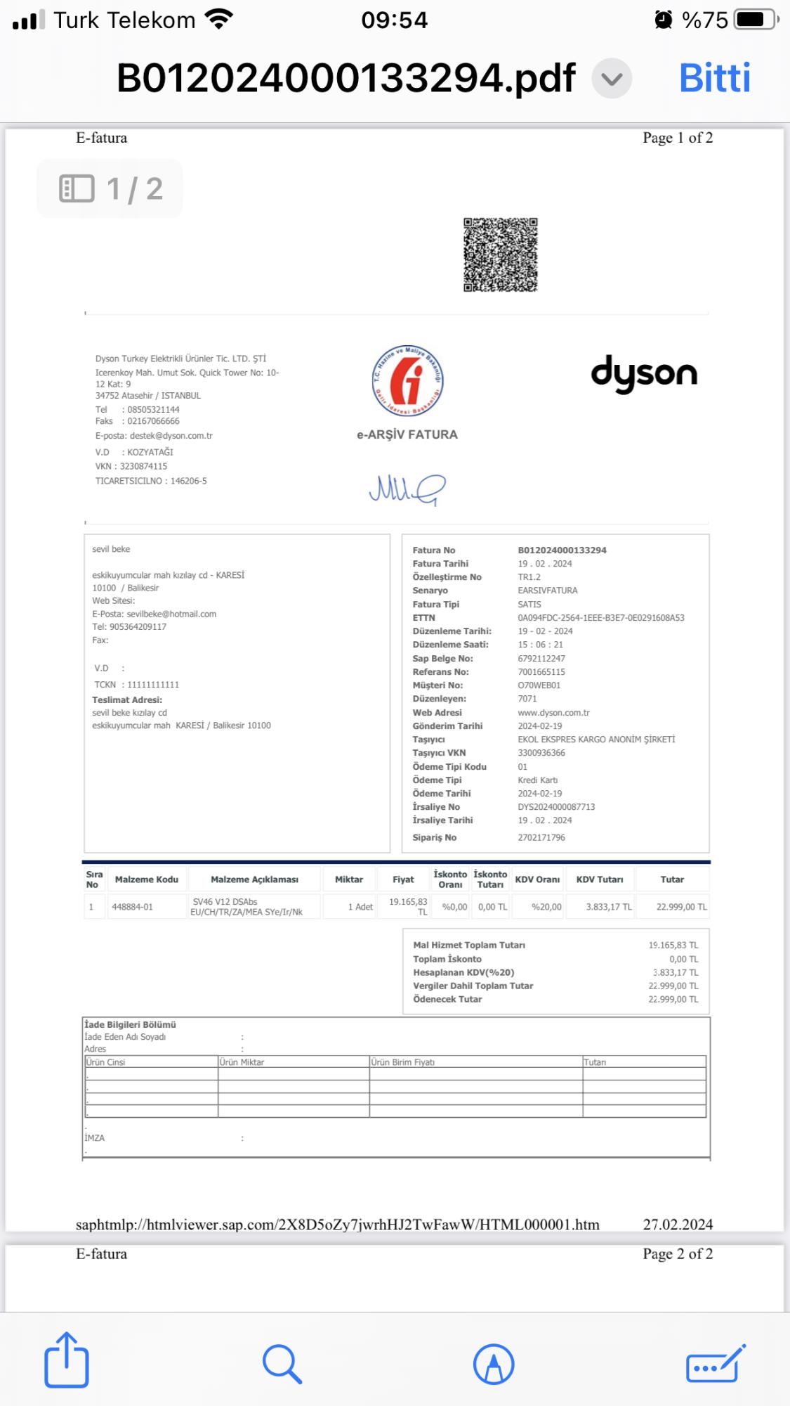 Dyson Fatura Oluşturmama Şikayeti - Şikayetvar