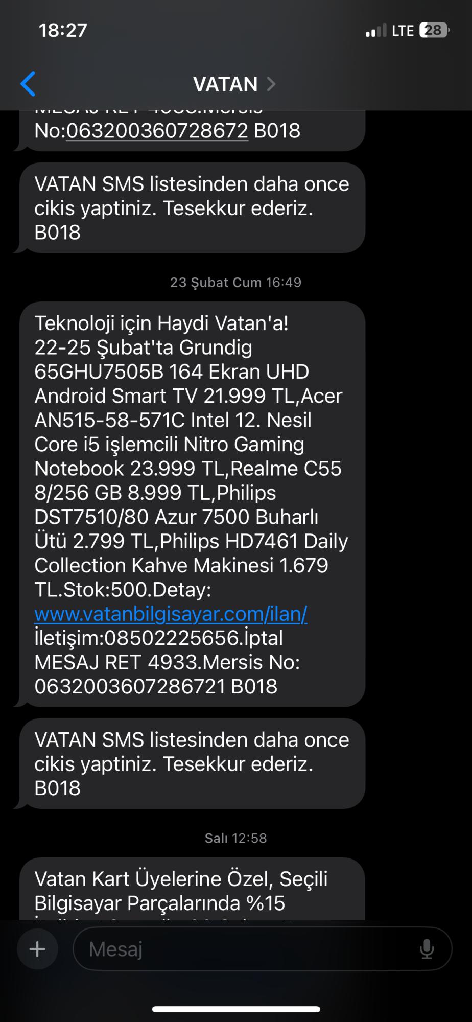 Vatan Bilgisayar Reklam Mesajlarını Israrla Atması - Şikayetvar