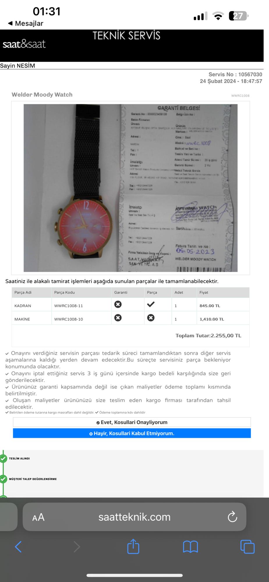 Saat & Saat Kaftan Düşmesi Ve Makine Arızası - Şikayetvar