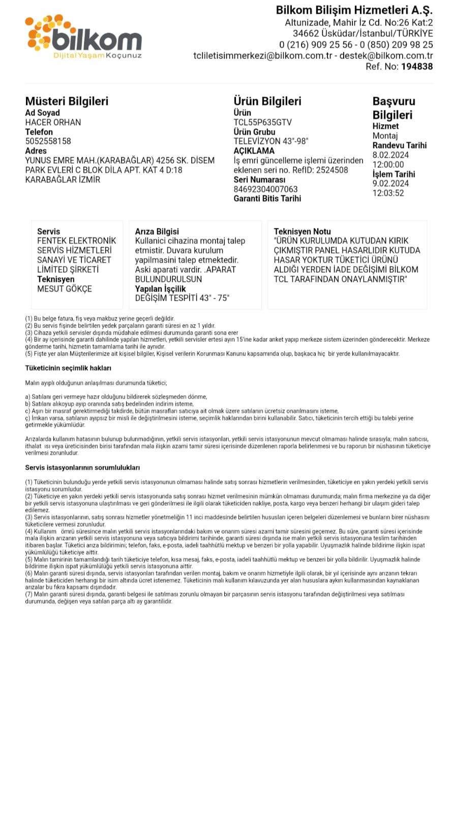 TCL Televizyon Kırık Çıkan TLC Ve Bilkom... - Şikayetvar