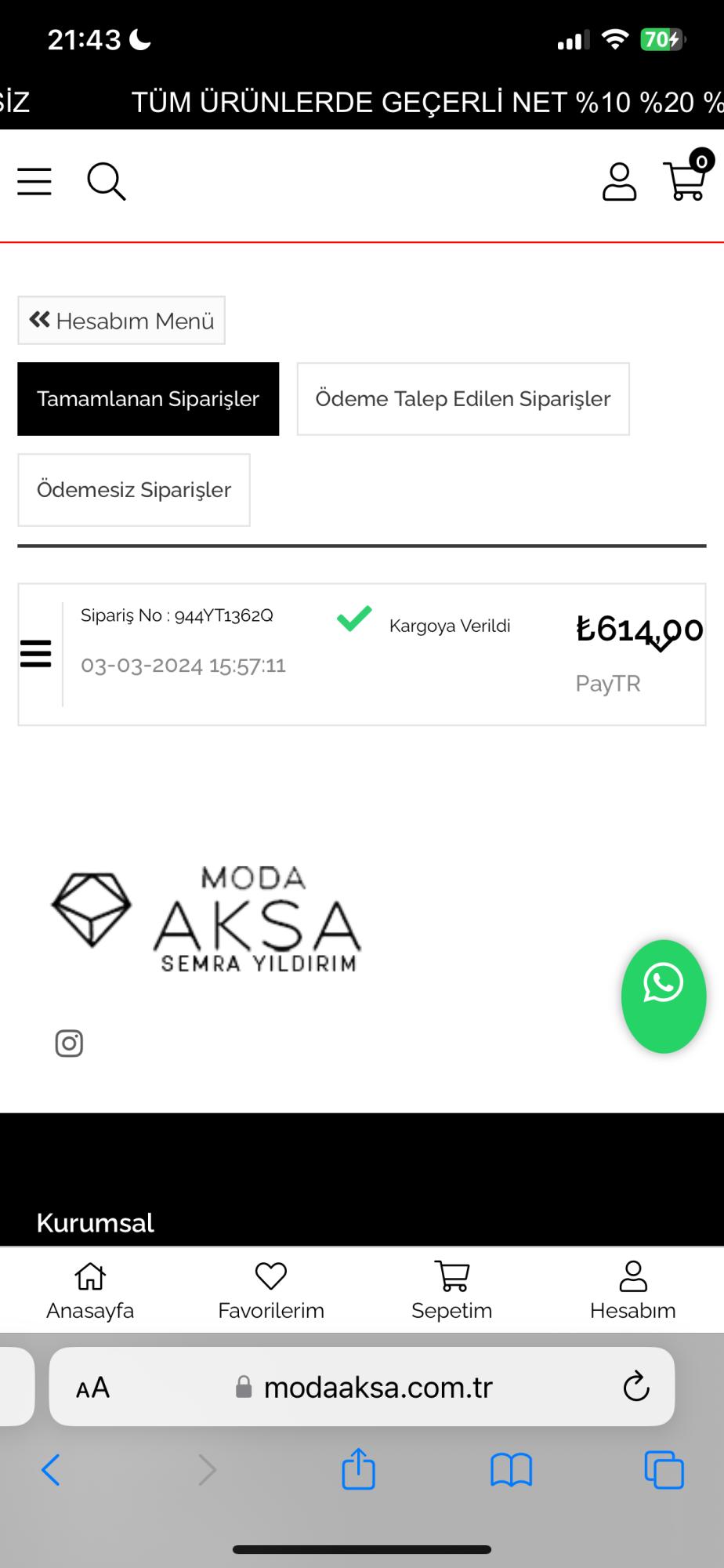 Moda Aksa Moda Aksa (Modaaksaa) Modaaksa İnsanları Oyalıyor Kargomu Vermiyor - Şikayetvar