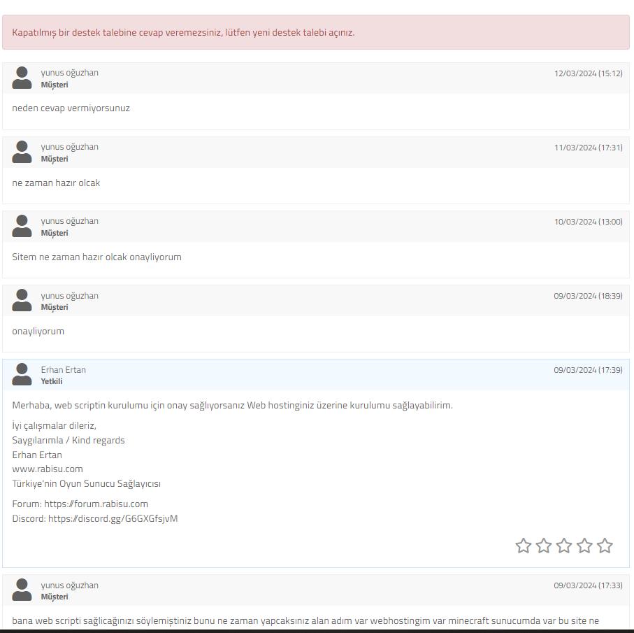 Rabisu Web Hosting Web Panel Ve Destek Hizmetleri Sorunu - Şikayetvar