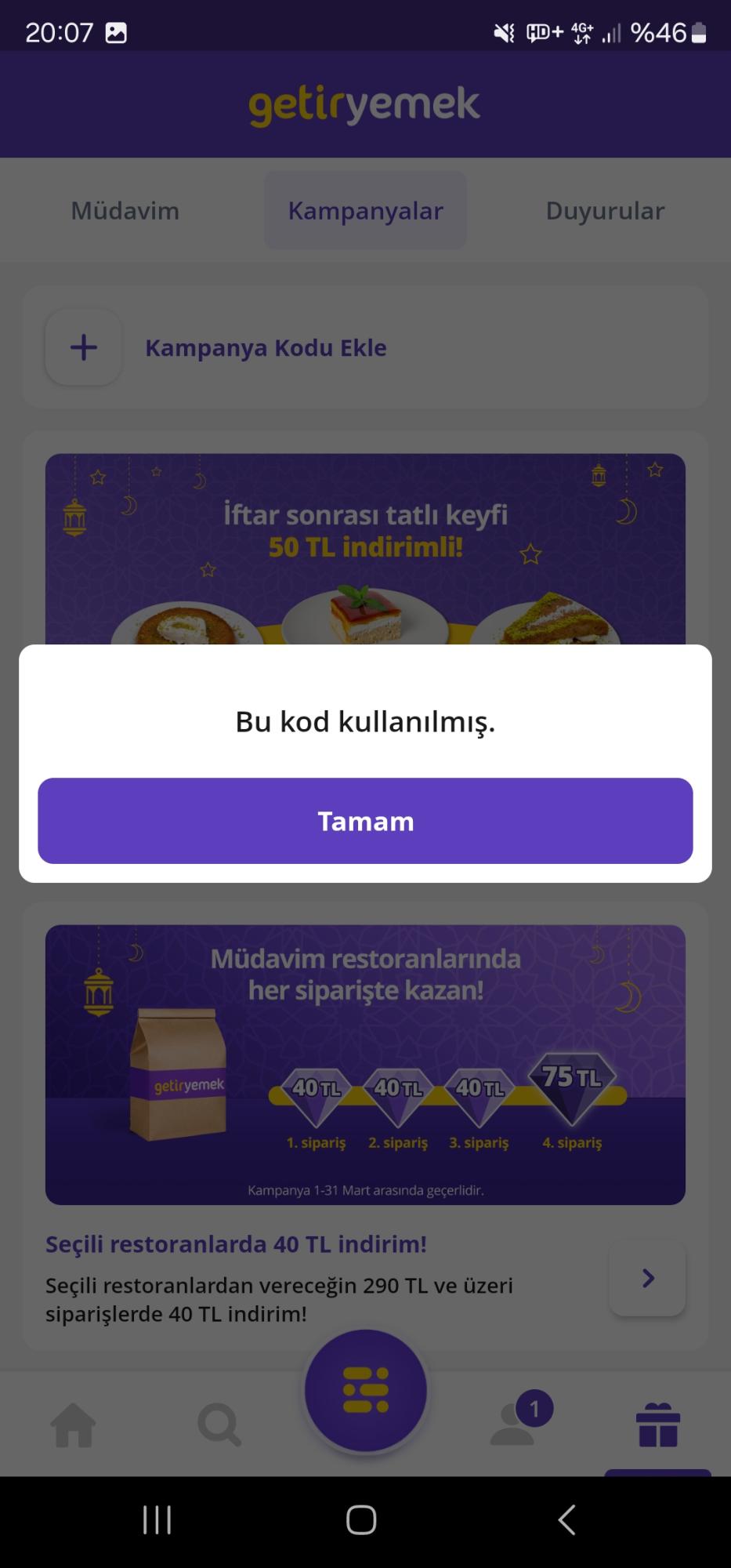 GetirYemek Getir Yemek Kampanya Kodu Hatası - Şikayetvar