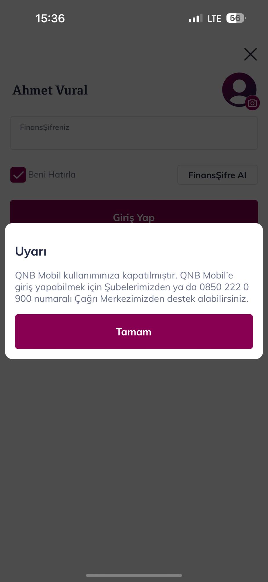 QNB Türkiye QNB Mobil Kullanımınıza Kapatılmıştır. - Şikayetvar