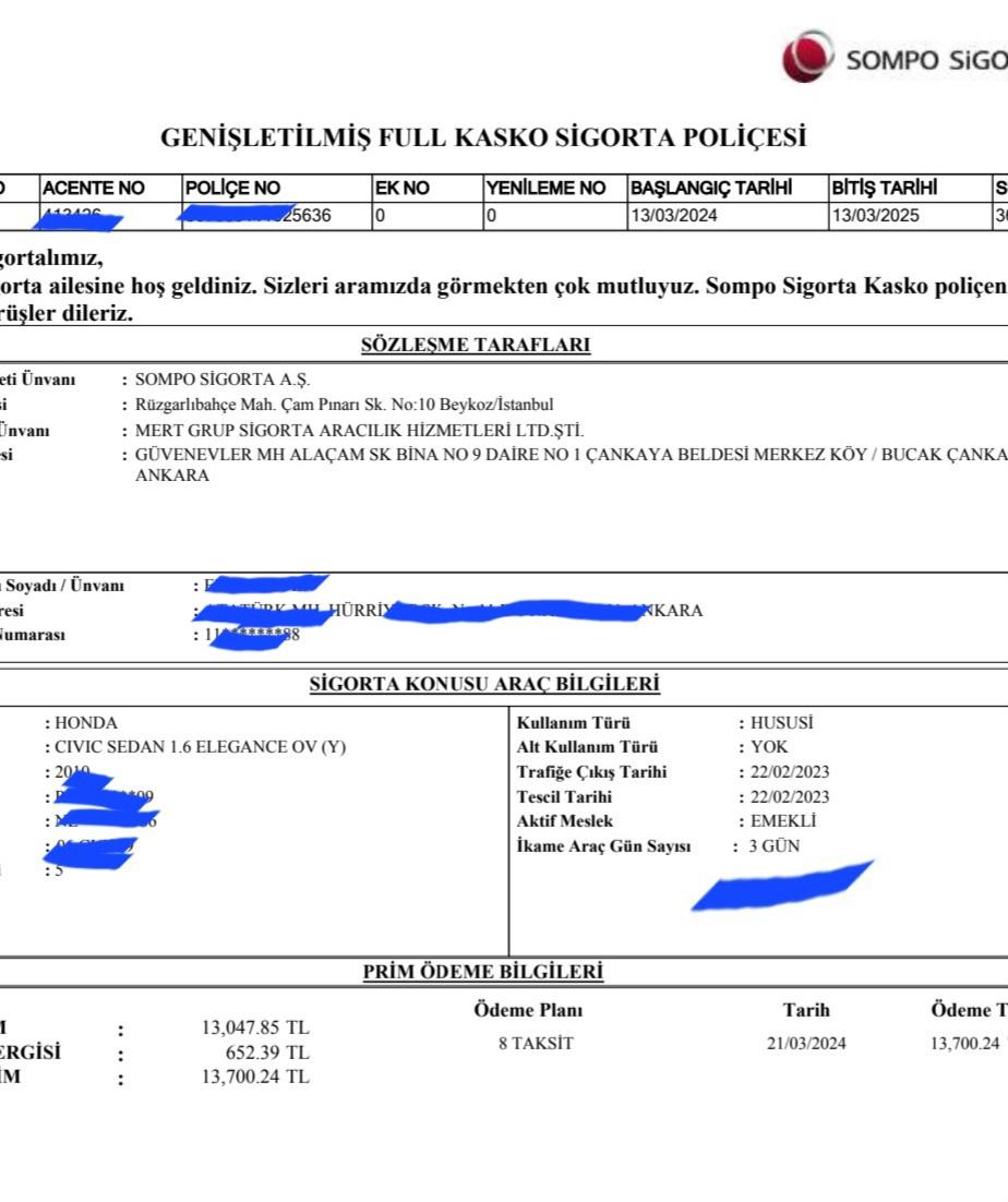 Sompo Japon Kasko Mağduriyet - Şikayetvar