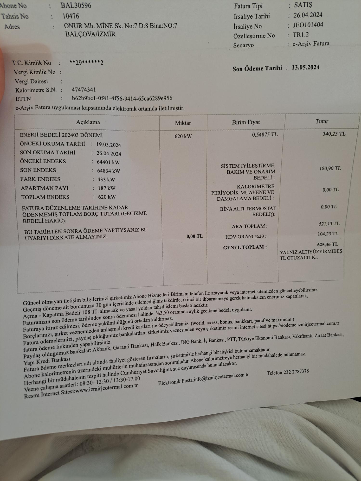 İzmir Jeotermal İzmir Balçova Jeotermal Faturası - Şikayetvar