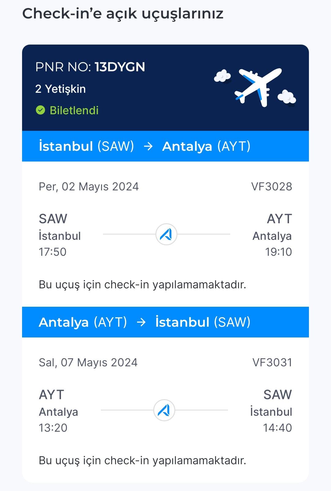 Ajet Ve THY PNR Kodları Farklı Check In Yapamıyorum - Şikayetvar