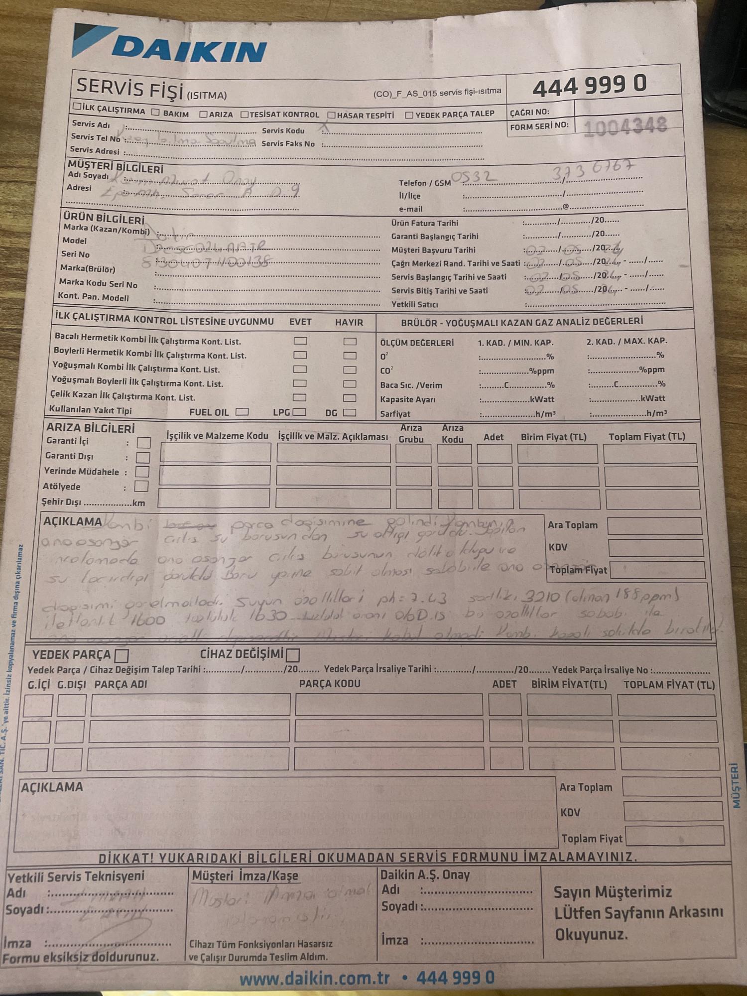 Daikin Kombi Servis Hüsranı - Şikayetvar