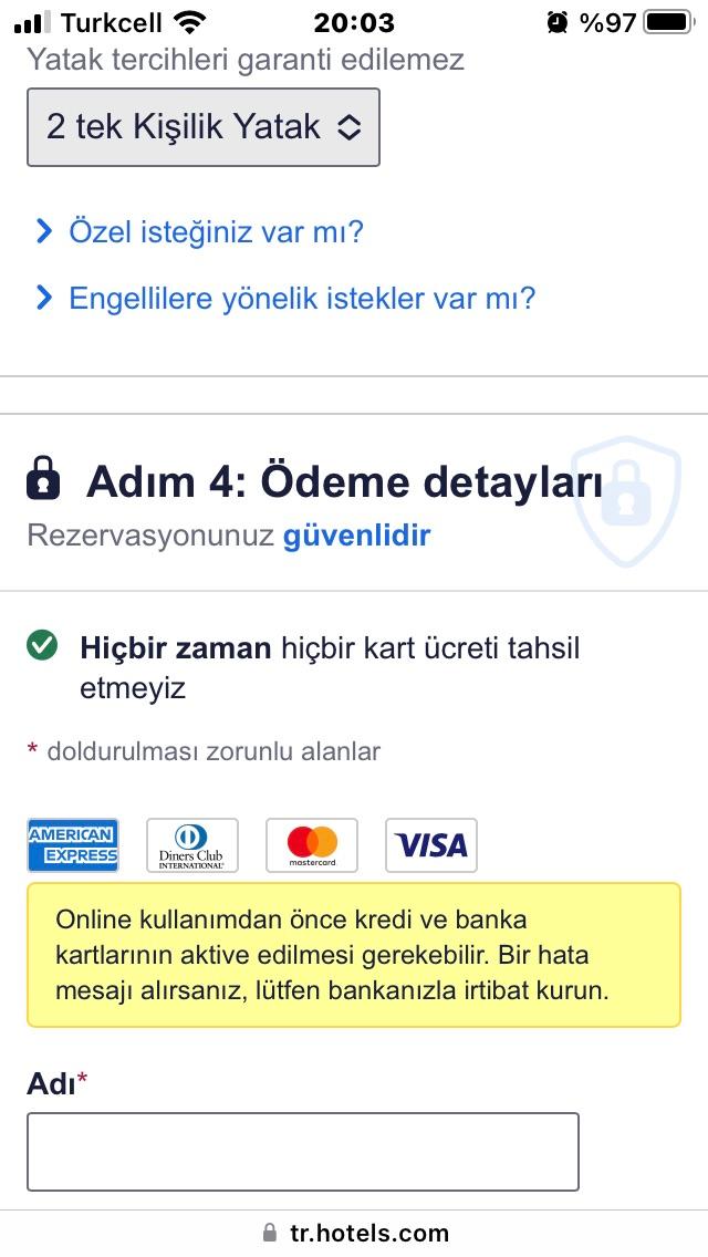 Hotels.com Troy Kart İle Ödeme Kabul Etmiyor - Şikayetvar
