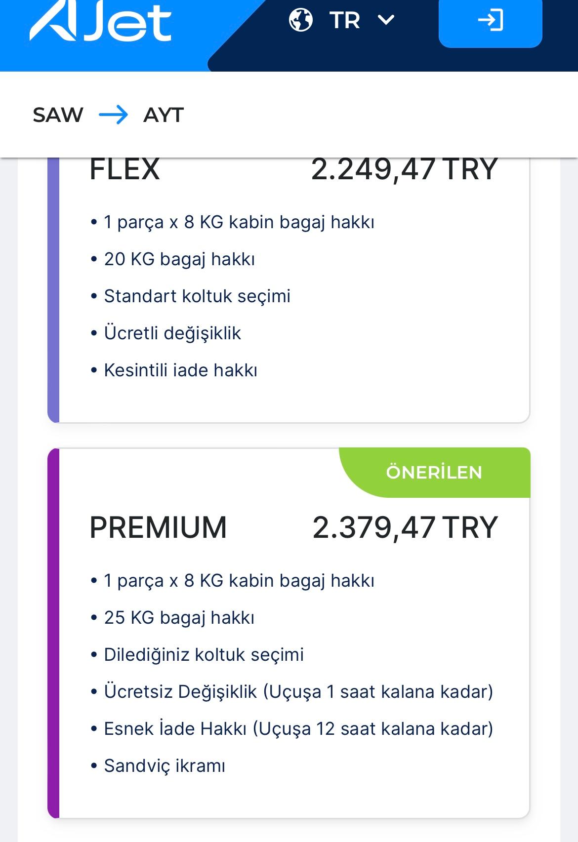 AJet AJet (Anadolu Jet) Kesintisiz İadeli Bilete, Kesintili İade ...