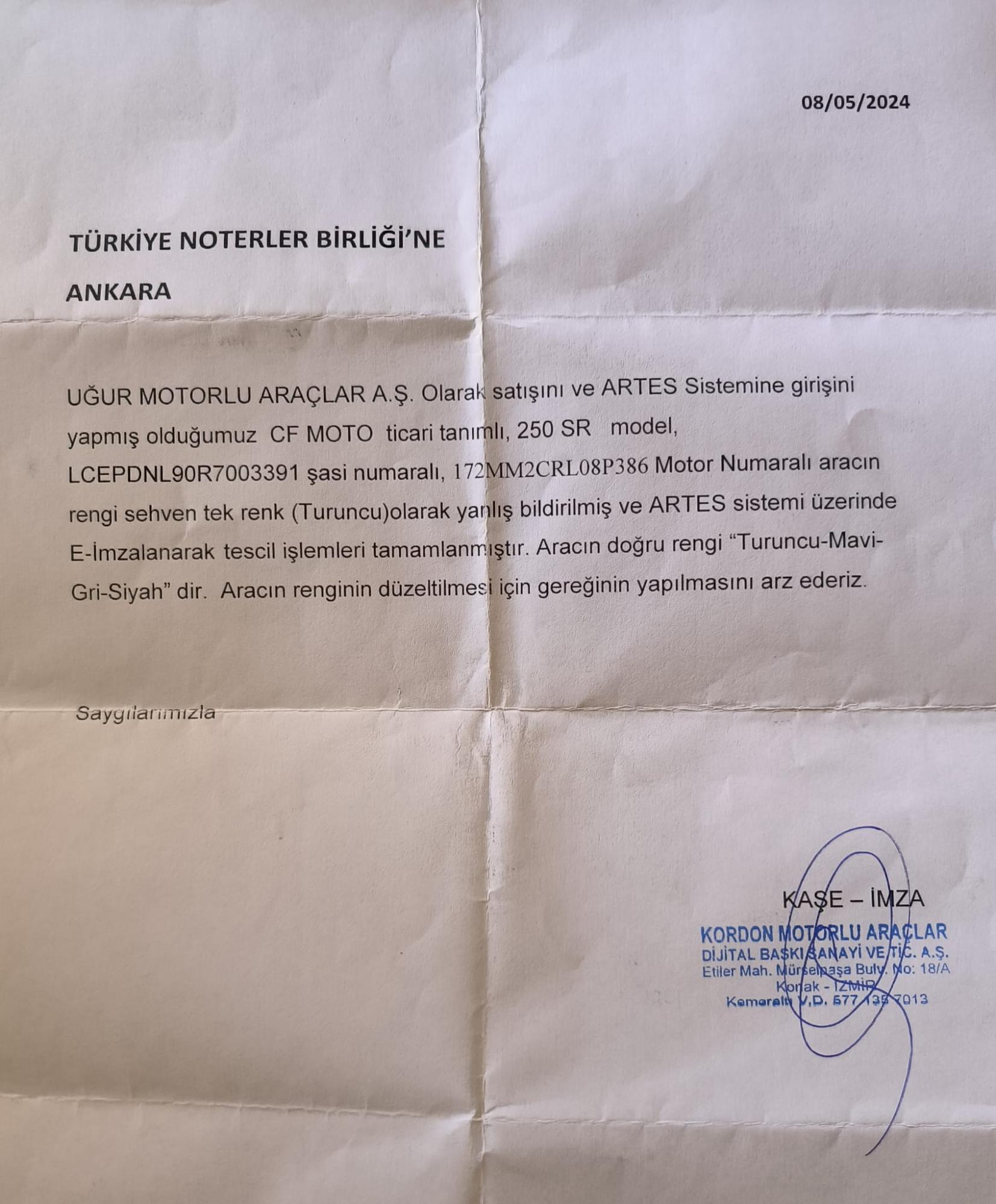 CFMOTO Motorlu Araç Ruhsat Renk Uyuşmazlığı Ve Çözüm Talebi - Şikayetvar