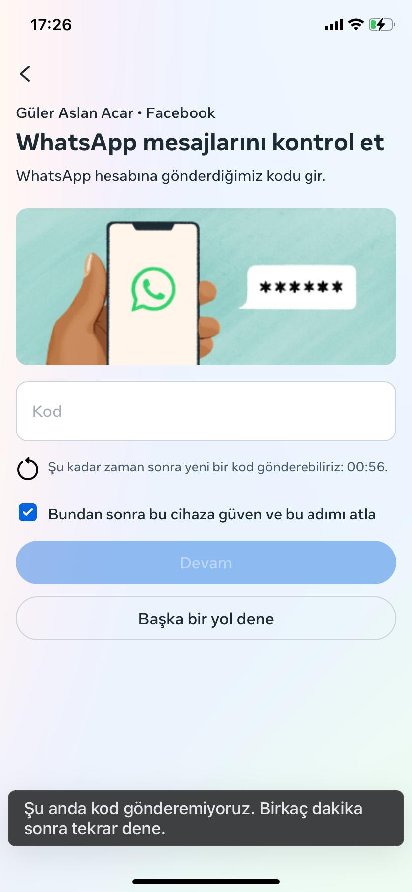 Facebook Giriş İçin WhatsApp Kodu Gelmemesi - Şikayetvar