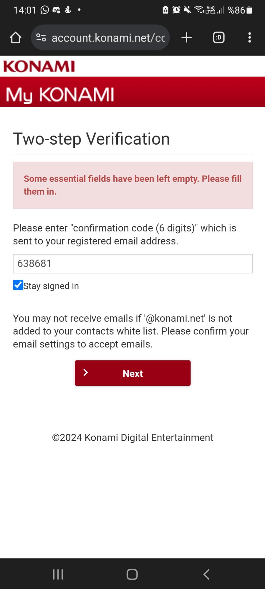 Fixing Konami Two-Step Verification Error - Xolvie