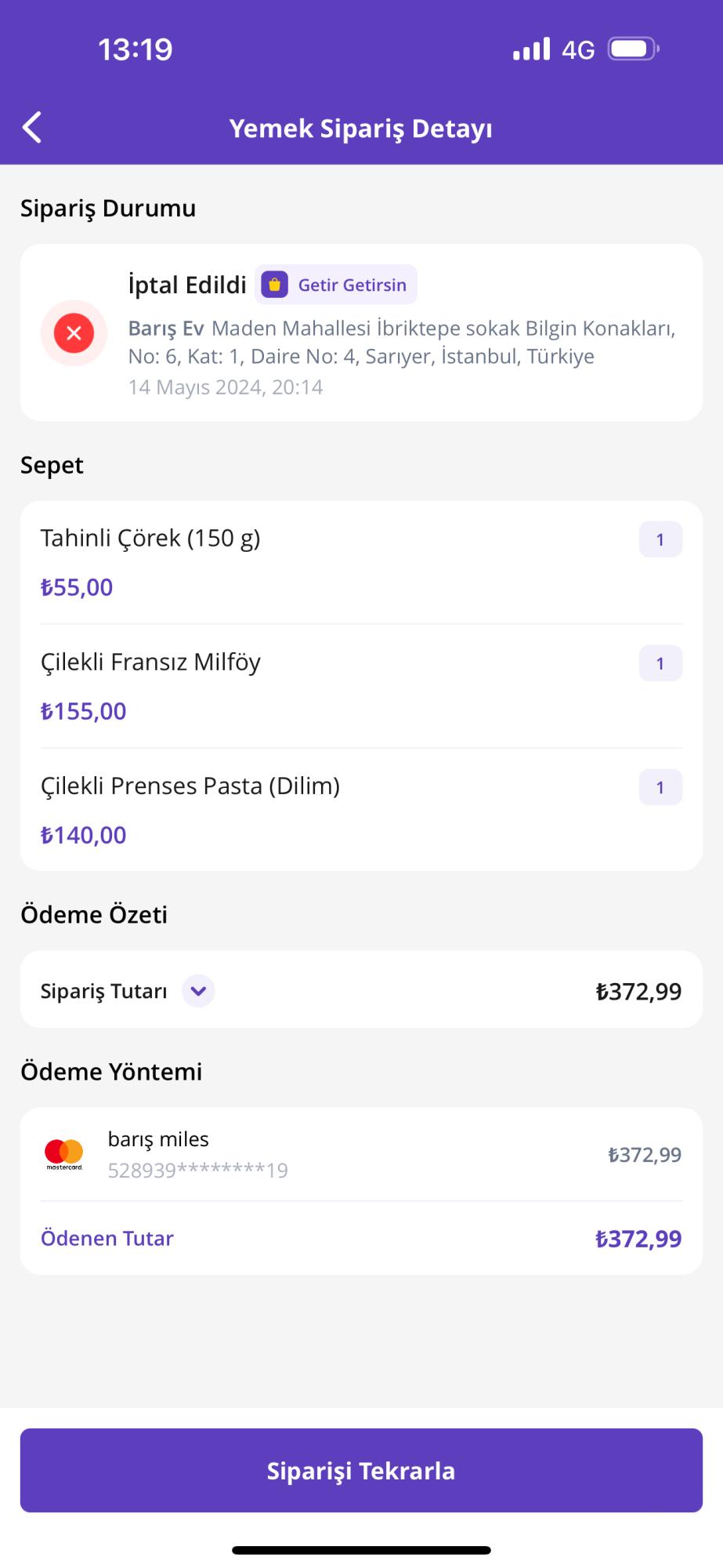 Getir Getir Büyük Sipariş İptali Ve Ücret İadesinin Geri Yatırılmaması. - Şikayetvar