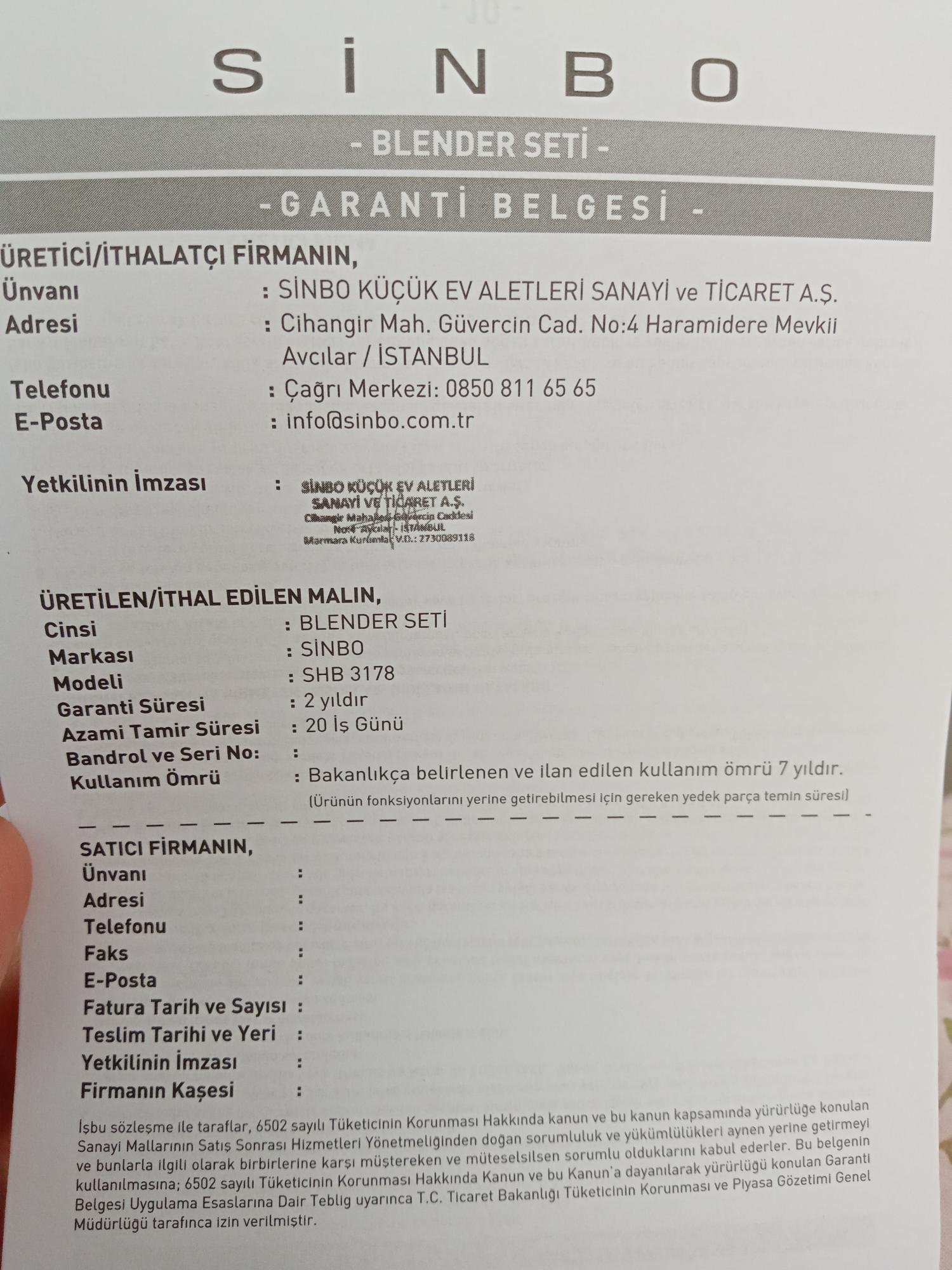 Sinbo Blender Seti Seri Numarası - Şikayetvar