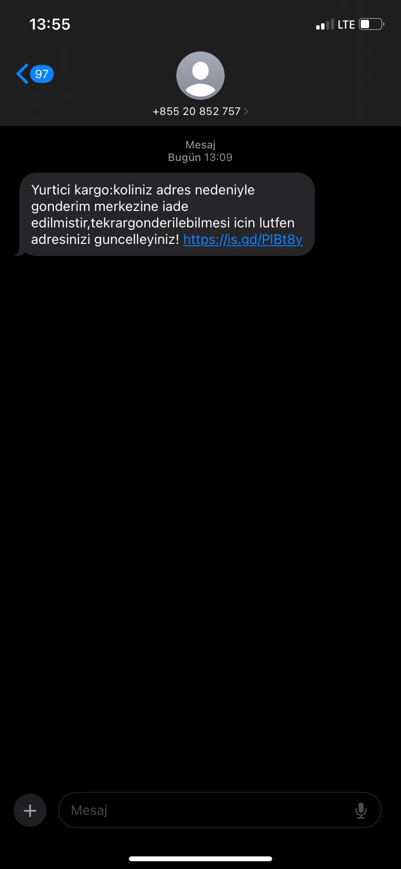 Kargo SMS Dolandırıcılığı Kargo +855 20 852 260 numarasından gelen şüpheli mesaj - Şikayetvar