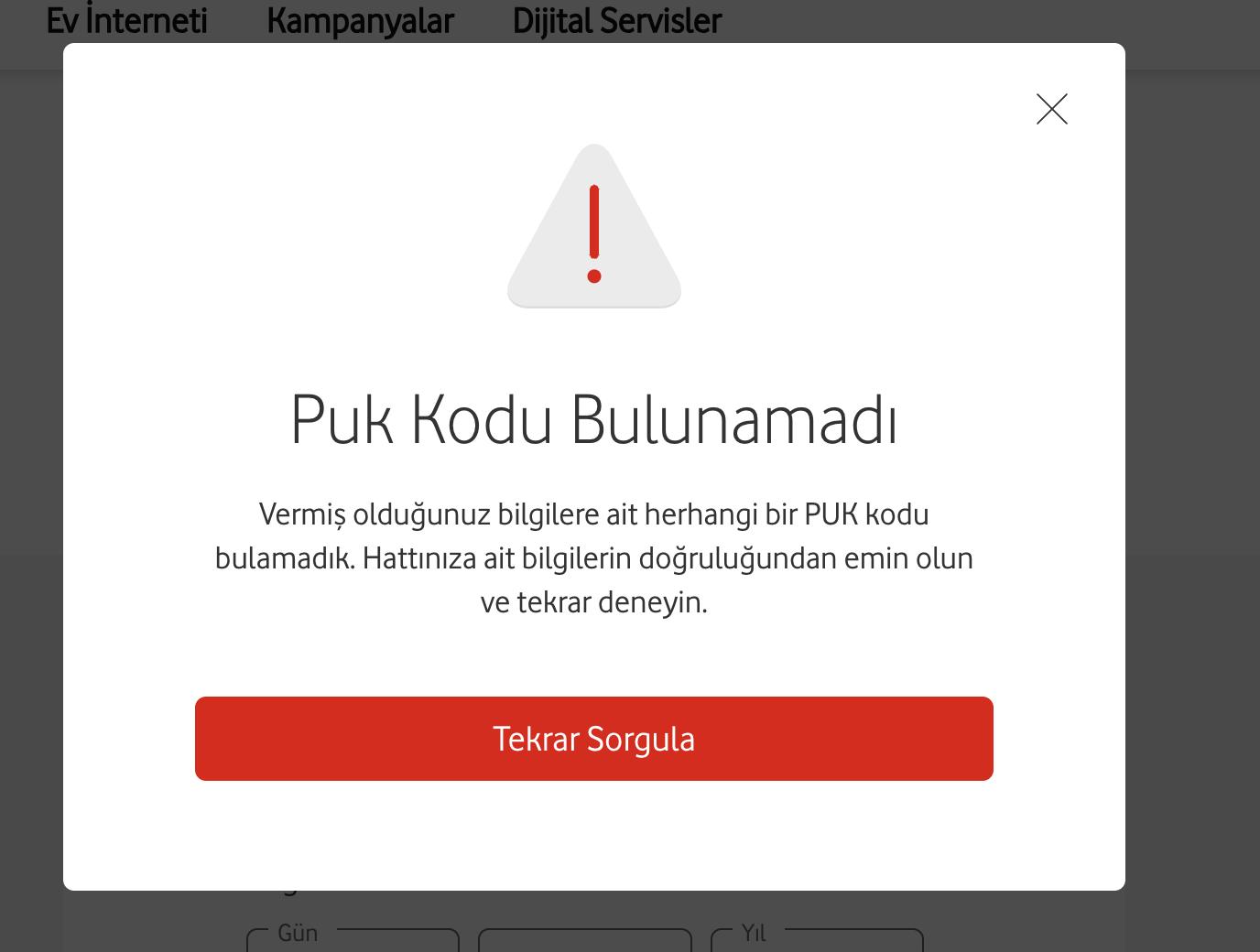 Vodafone PUK Sorgulama Sayfasının Çalışmaması - Şikayetvar