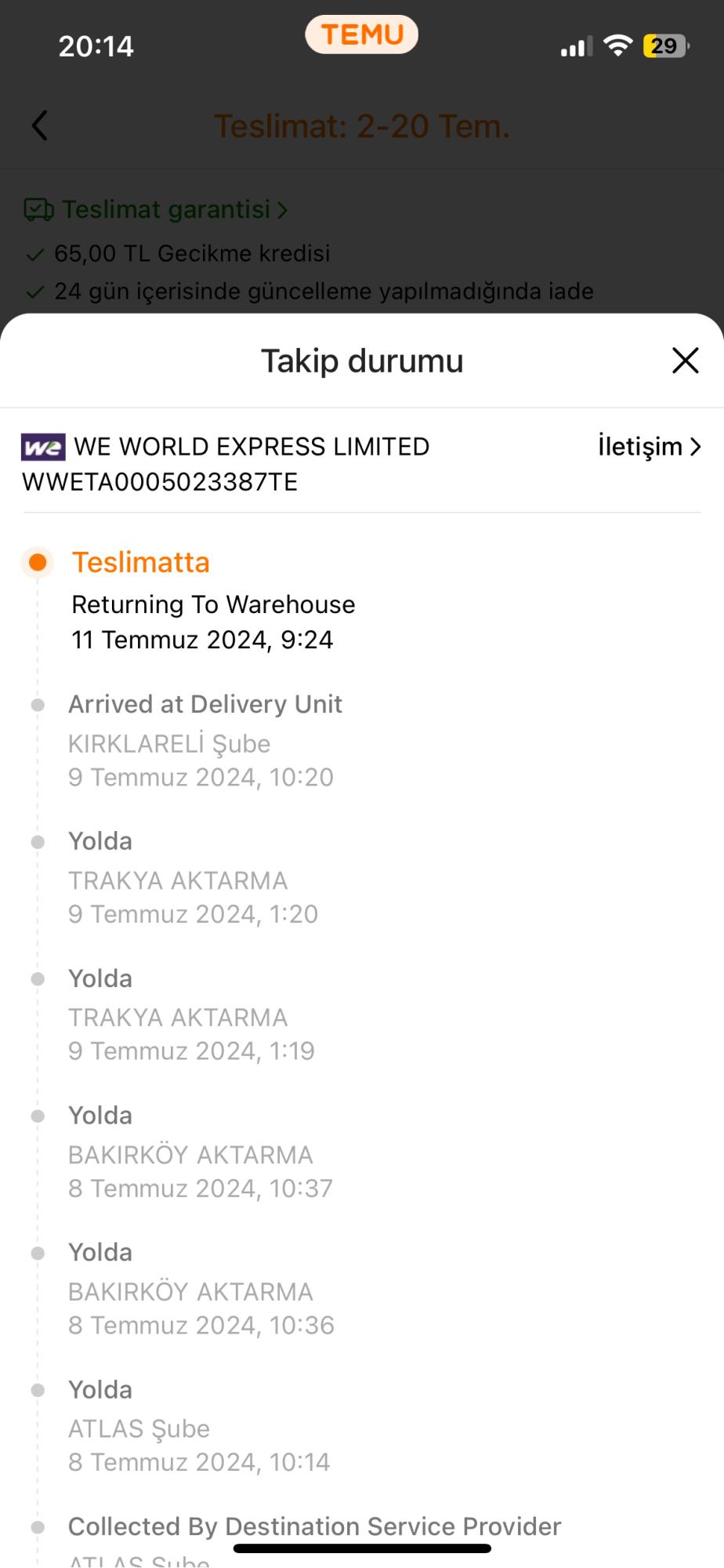 We World Express Weworldexpress Depoya Geri Dönüyor - Şikayetvar