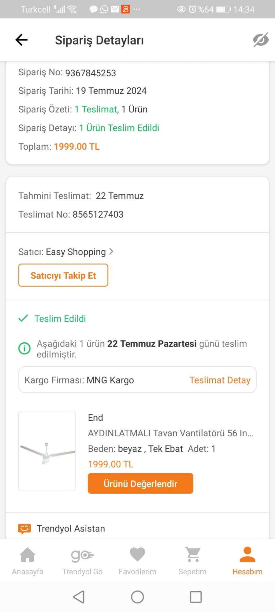 End Elektrik'ten Yanlış Gelen Tavan Vantilatör Siparişi! - Şikayetvar