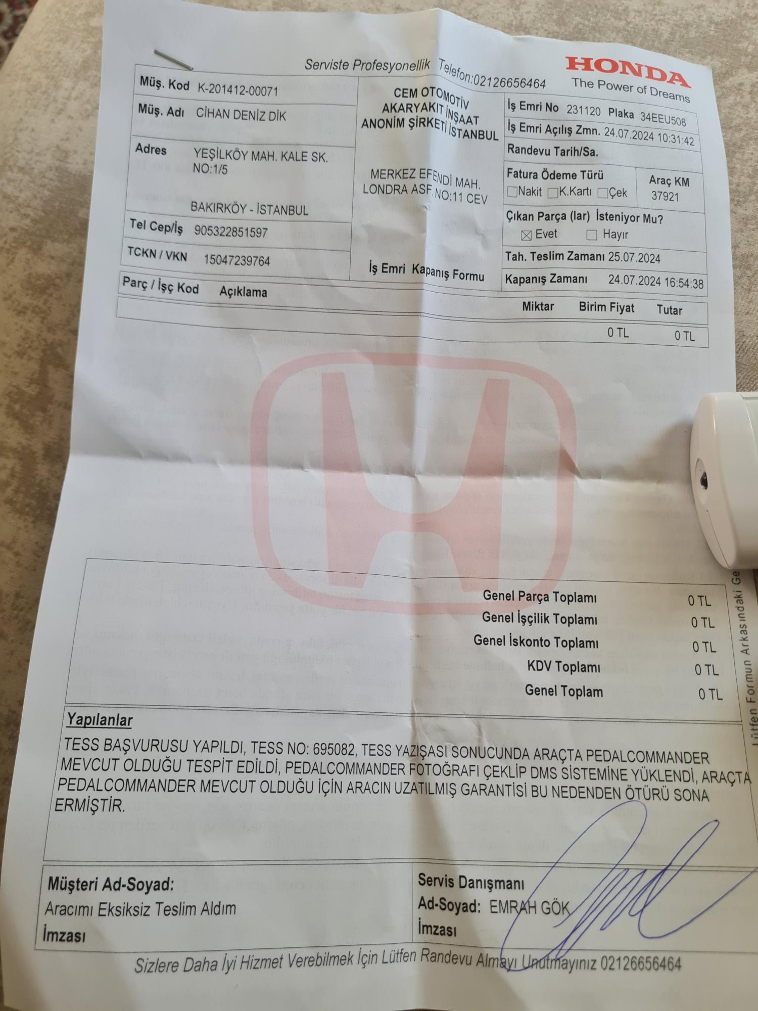 Pedal Commander Honda Civic Garanti Dişi Kalma Olayı - Şikayetvar