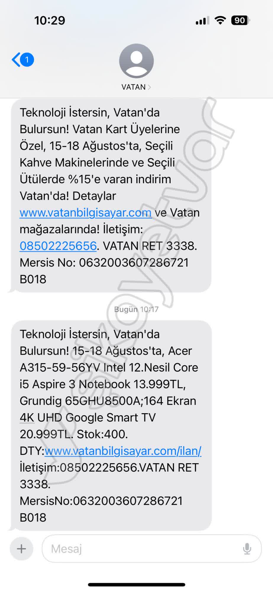 Vatan Bilgisayar İstenmeyen Reklam Mesajları - Şikayetvar