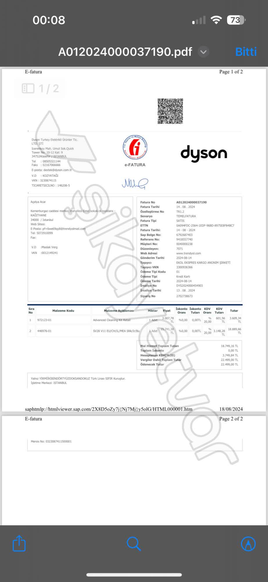 Dyson Kurumsal Fatura Problemi - Şikayetvar
