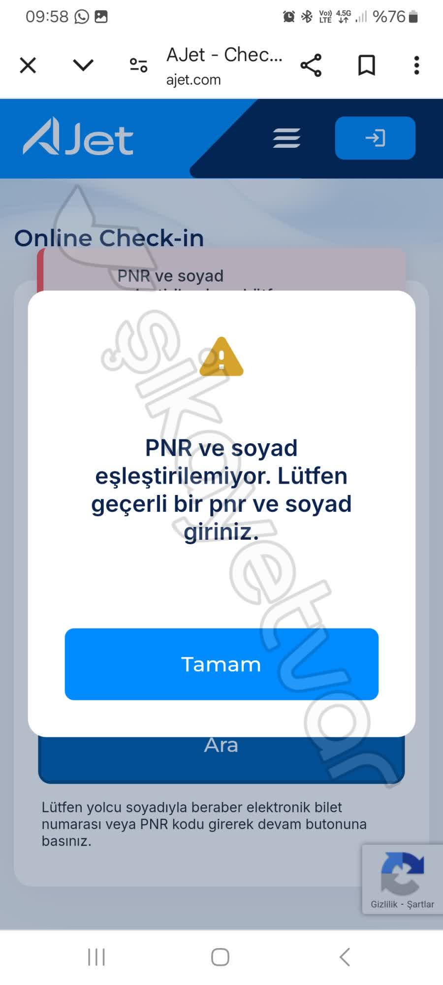 AJet Online Check-in Yapılamaması - Şikayetvar