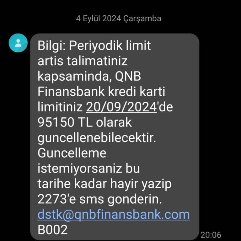 QNB Türkiye QNB Kredi Kartı Limit Artışı Mesajları Sorunu - Şikayetvar