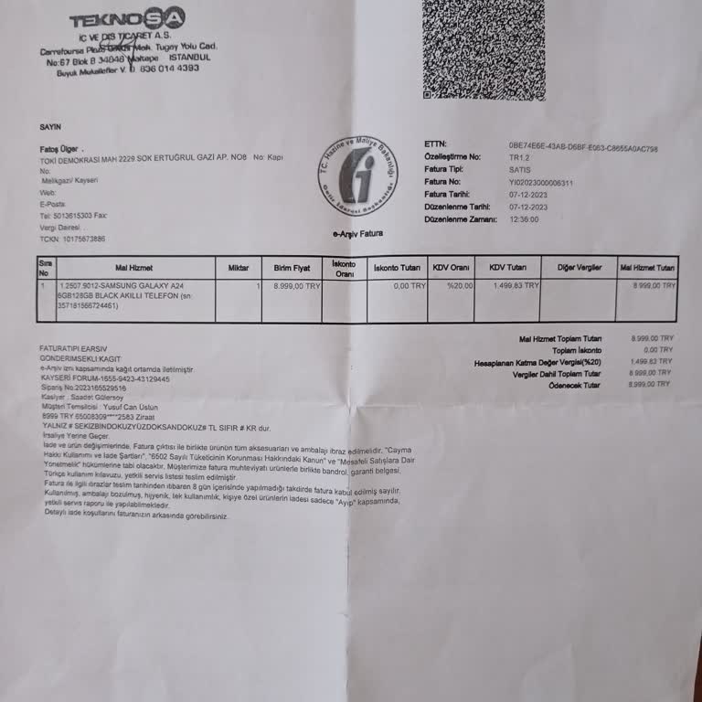 Teknosa Fatura Bilgileri ve Fatura No Şikayetleri - Şikayetvar