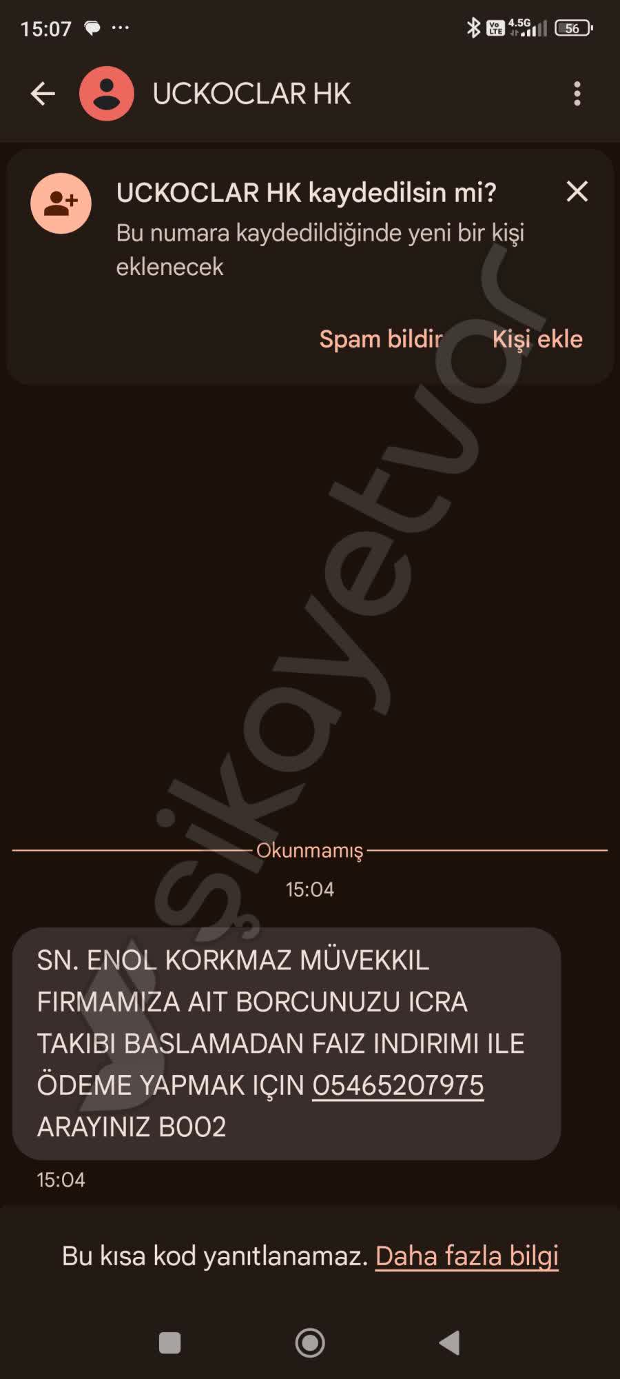 UCKOCLAR HK (SMS) Üçkoçlar Firması Borç Mesajı - Şikayetvar