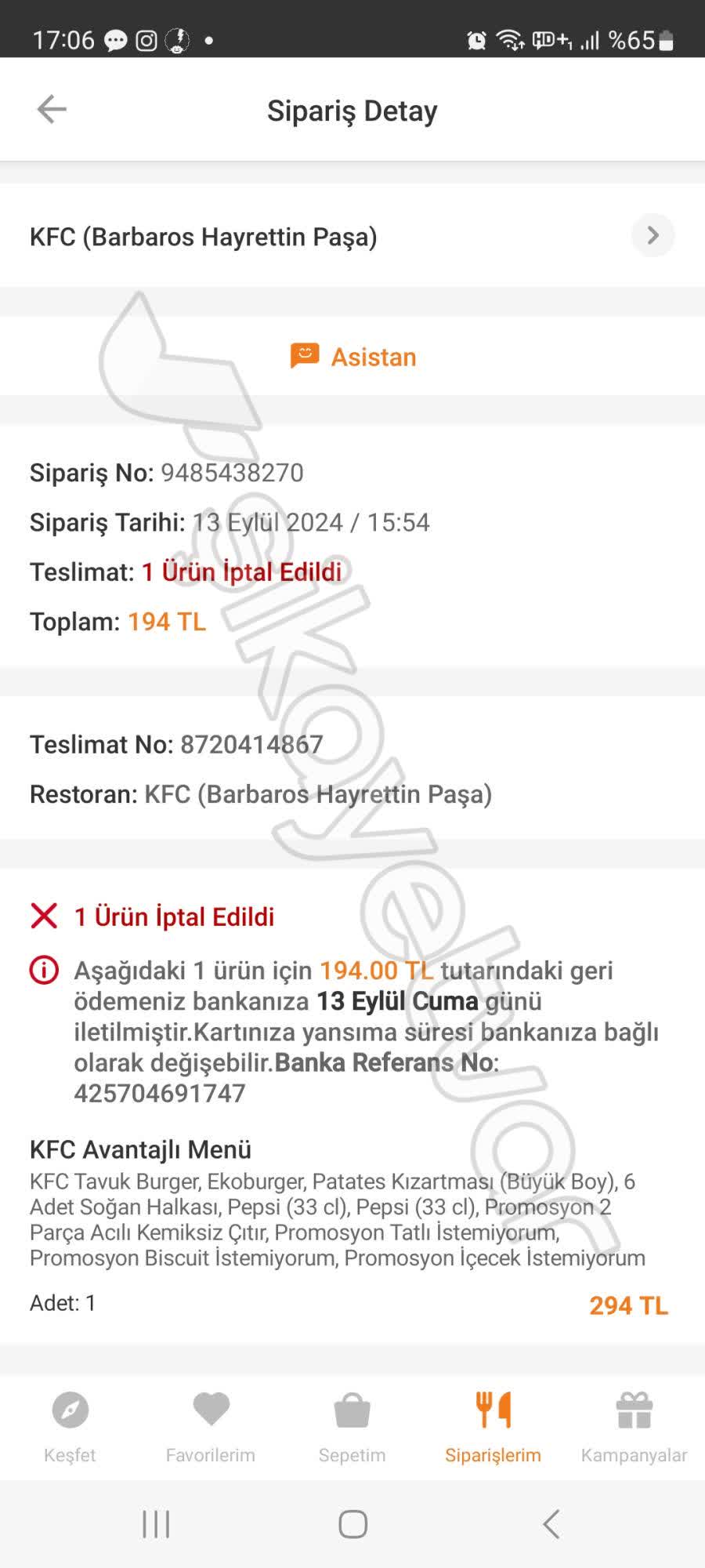 Esenyurt KFC Sipariş İptali Üzerine Şikayet - Şikayetvar