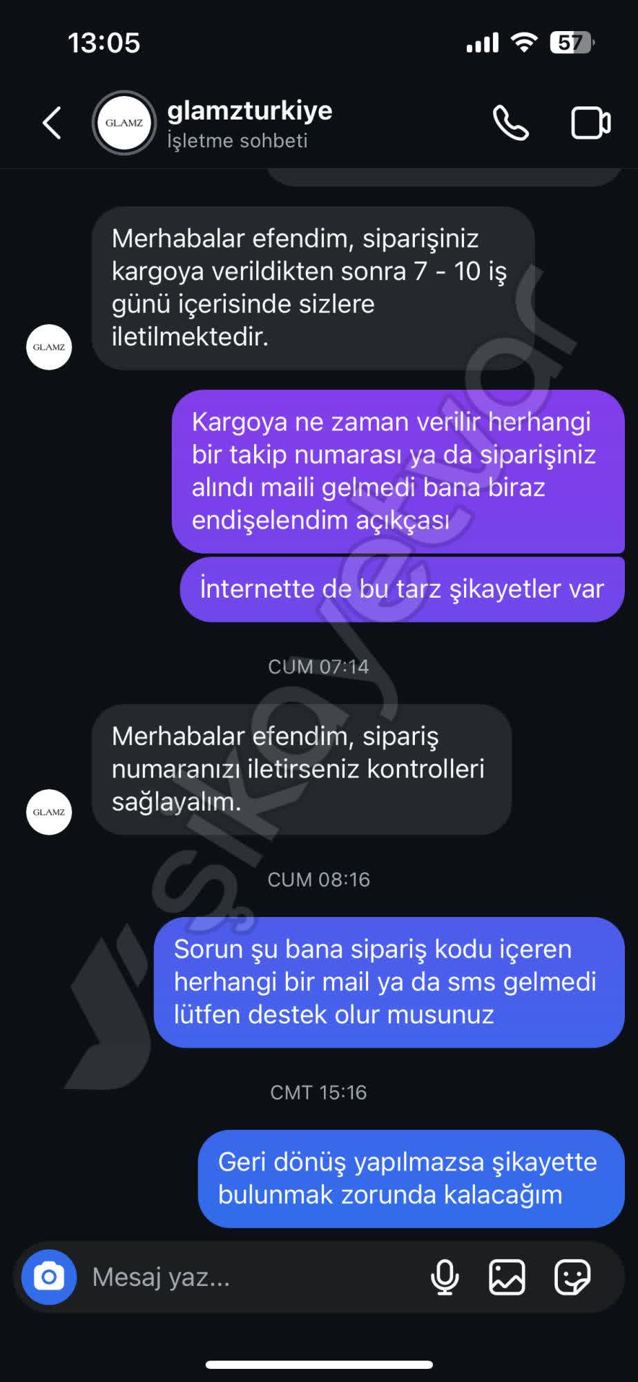 Glamz Türkiye Sipariş Hakkında Geri Dönüş Yapılmıyor - Şikayetvar