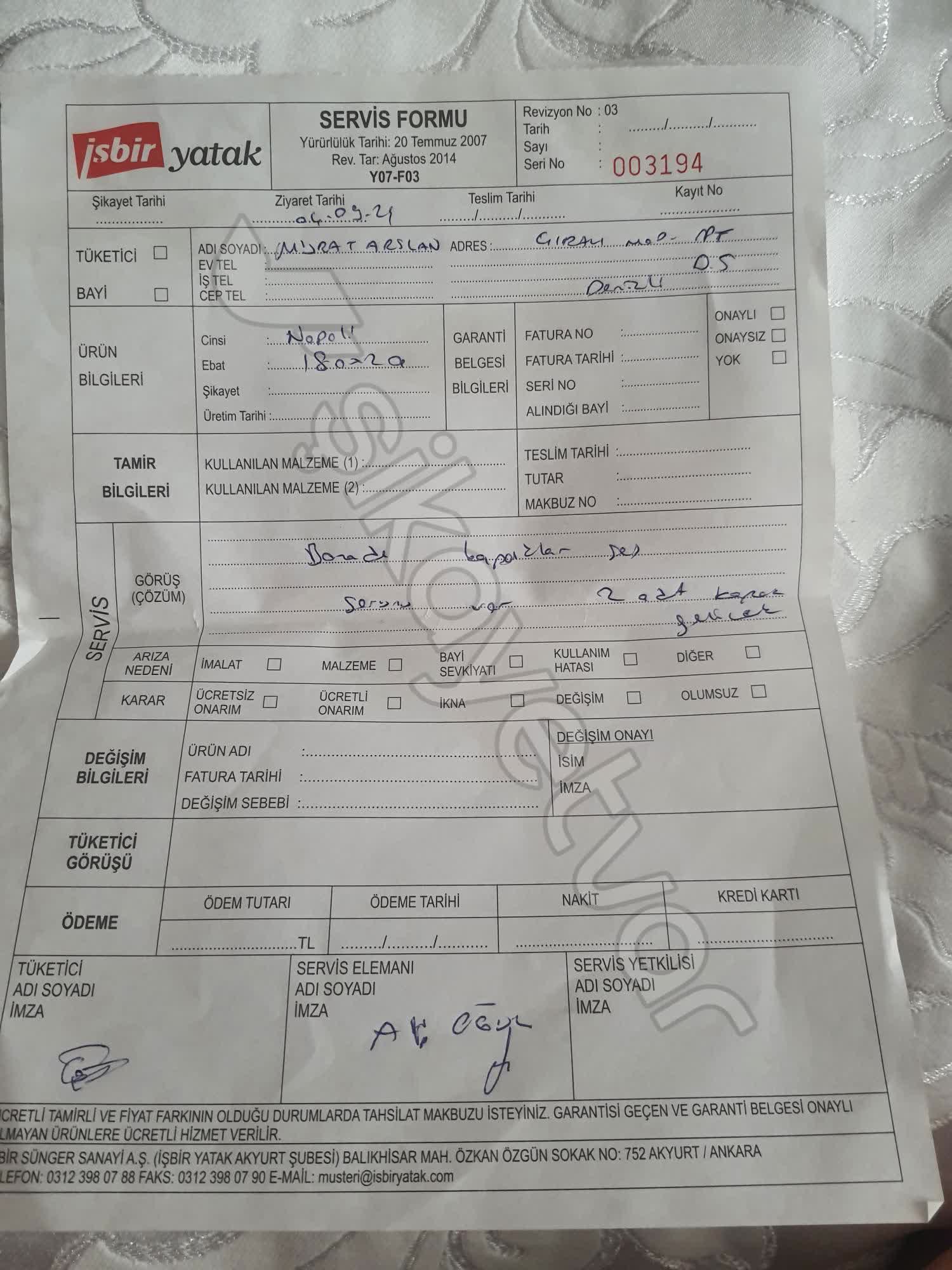 İşbir Yatak: Geciken Teknik Servis Ve Gıcırdayan Baza Sorunu - Şikayetvar