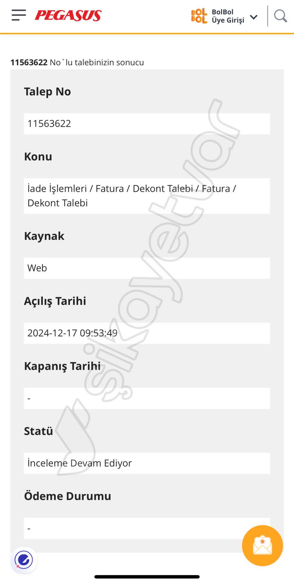 Pegasus E-bilet Faturası Yerine Tahsilat Makbuzu Gönderildi - Şikayetvar